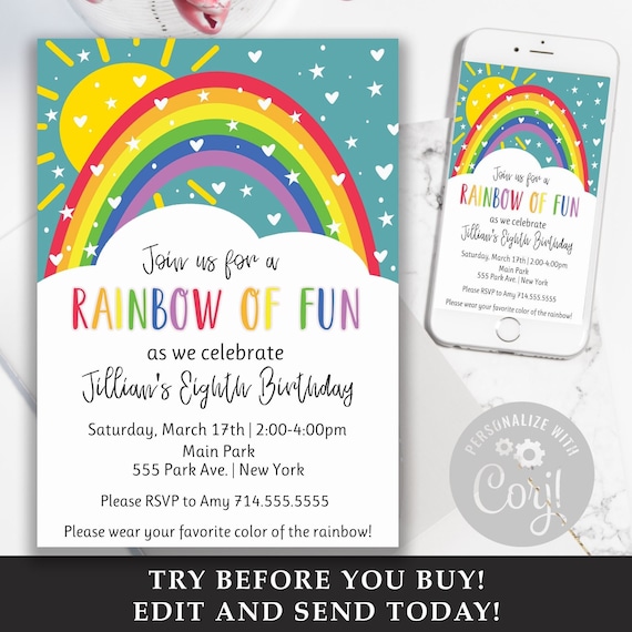 Rainbow Birthday Party Invitations, Girl Birthday Invite, Editable ...