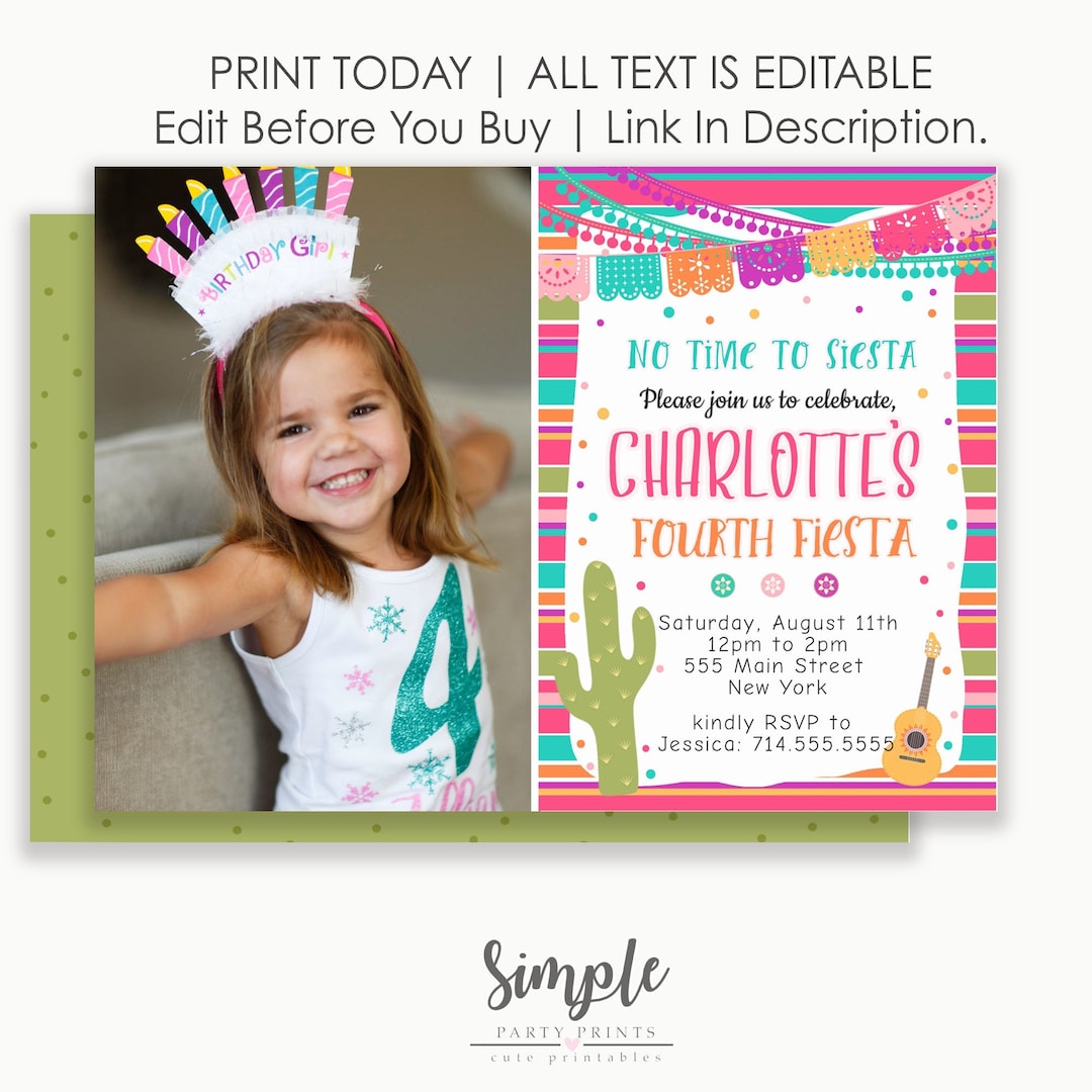 Editable Fiesta Themed Birthday Party Invitations, Girl Birthday, No ...