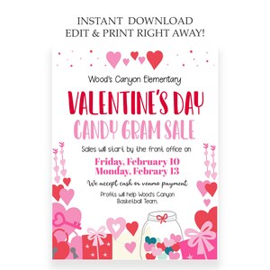 Editable Valentine's Day Candy Gram Flyer, Printable Fundraiser Flyer ...