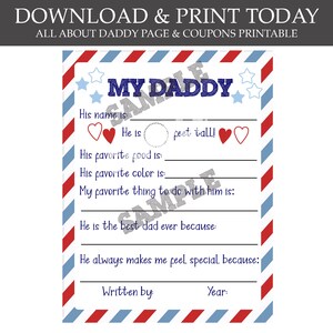 Printable All About My Daddy Fill in Page With Coupons for Dad, Father ...
