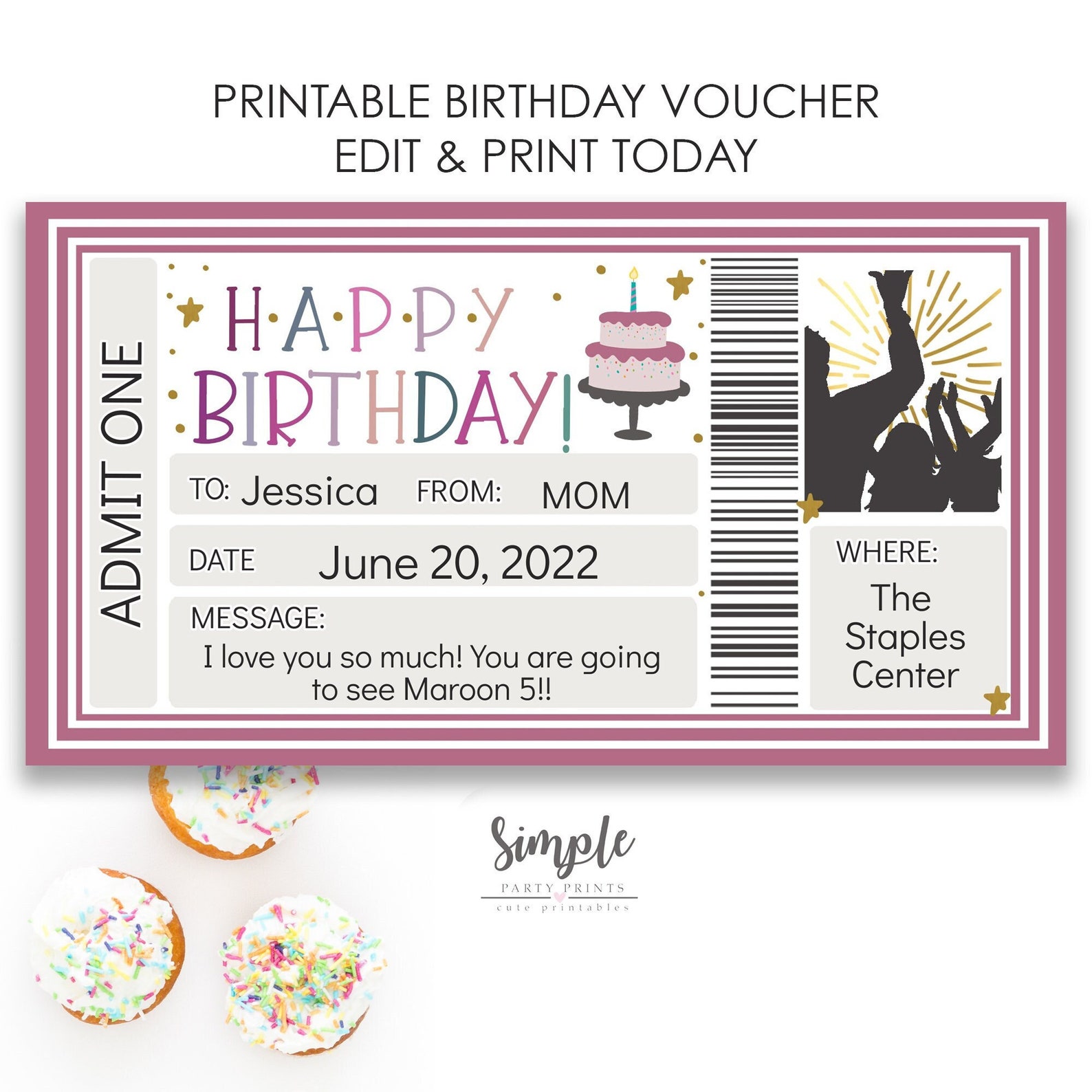 Printable Happy Birthday Concert Ticket Template, Show Certificate Gift ...