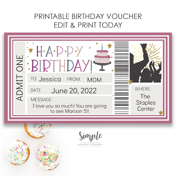 Printable Happy Birthday Concert Ticket Template Show - Etsy
