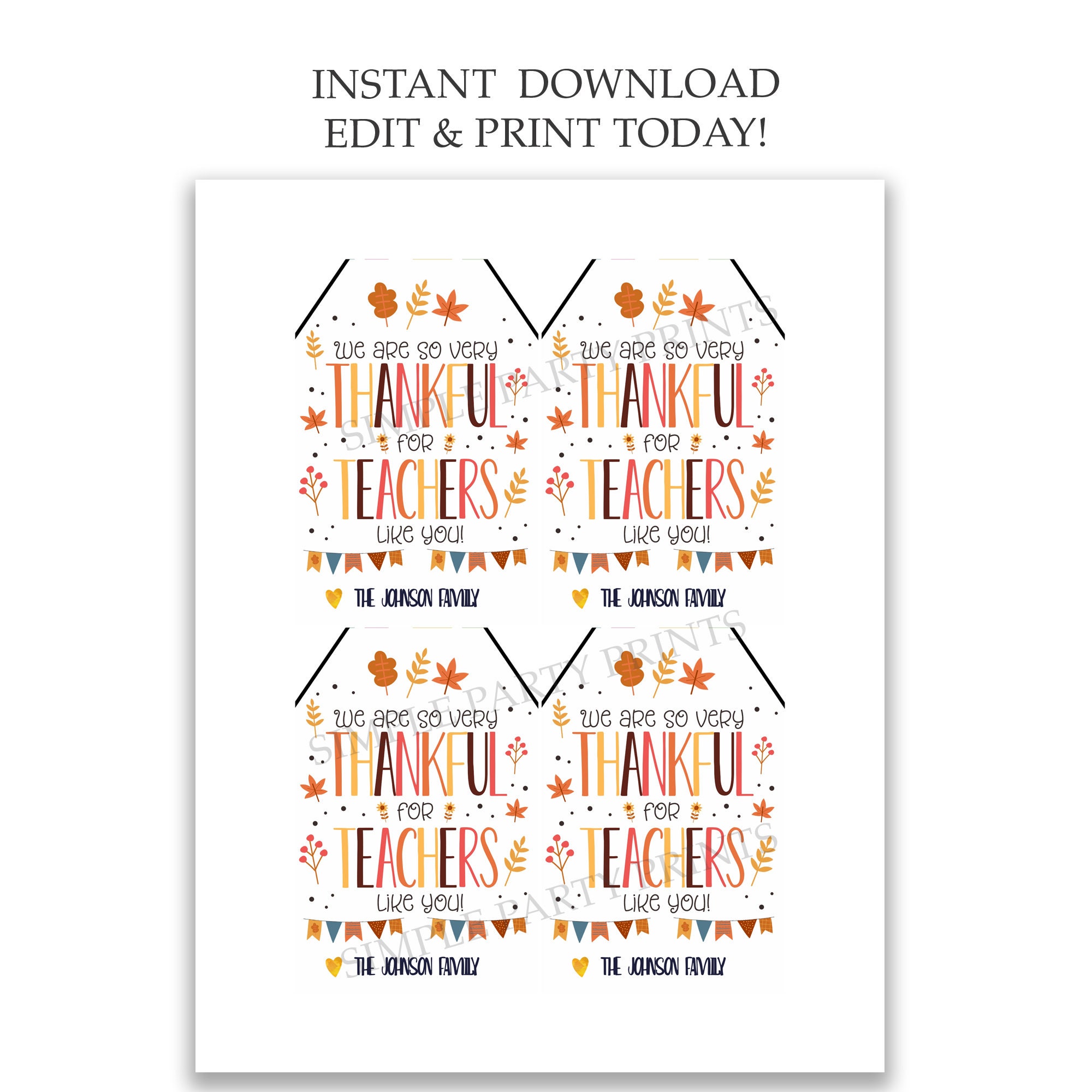 Editable Thanksgiving Day Gift Tag, Treats for Teachers, Thank You Tags ...