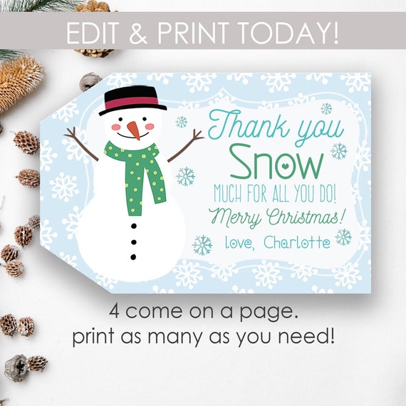 Snowman Printable Gift Tags, Thank you Snow Much Tags, Christmas ...