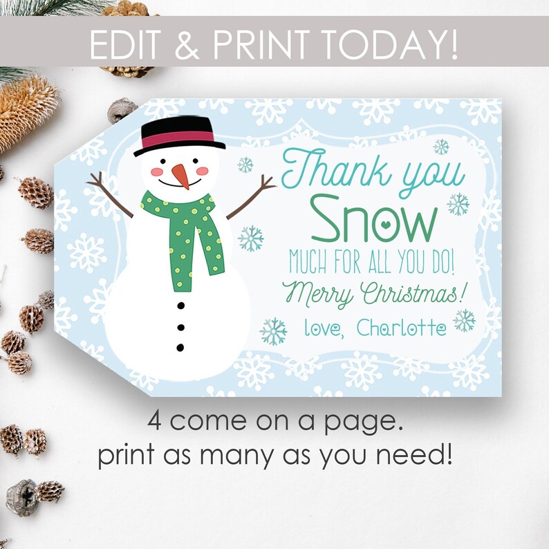 Snowman Printable Gift Tags Thank You Snow Much Tags - Etsy