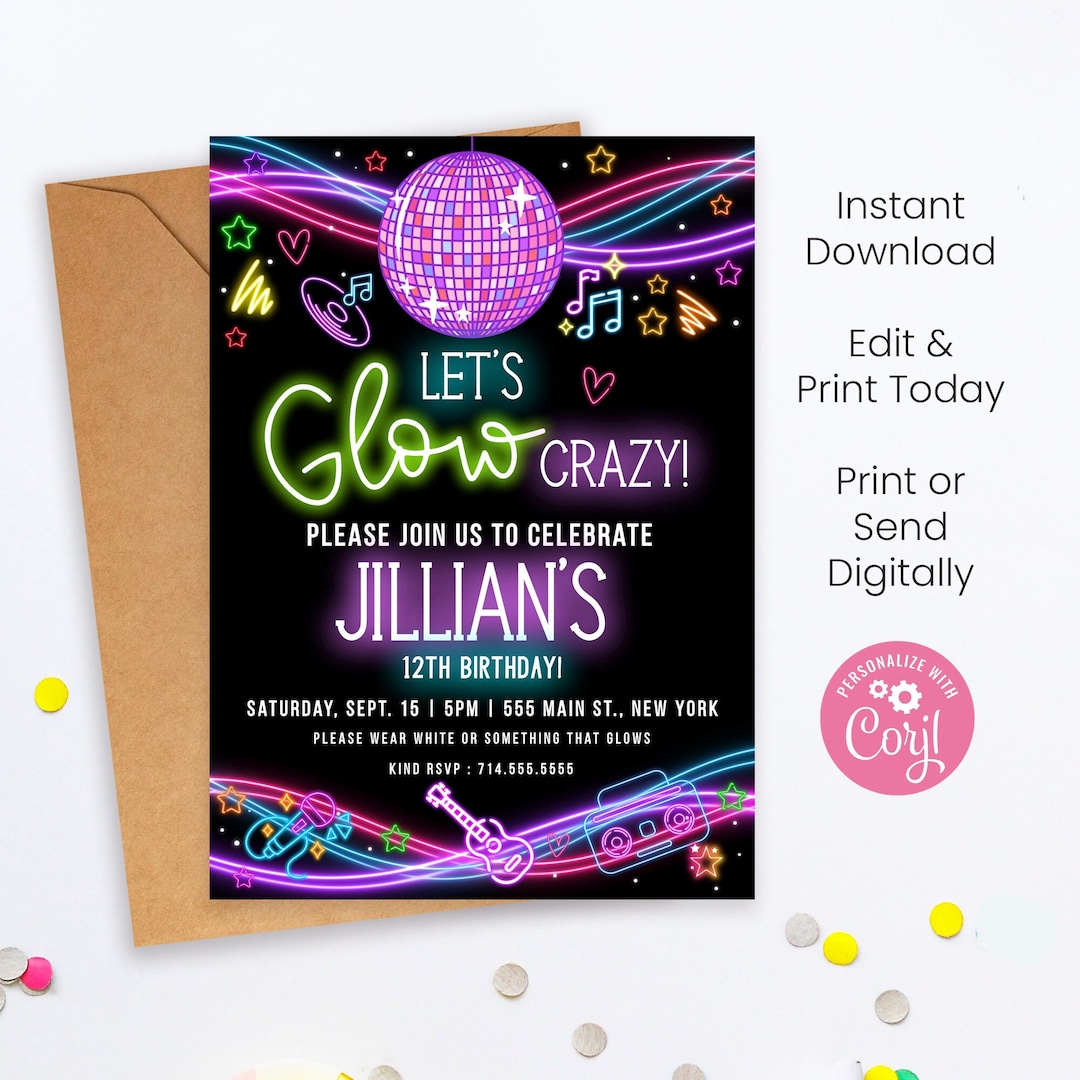 Glow Party Birthday Party Invitation - Printable 80's Dance Theme Party ...
