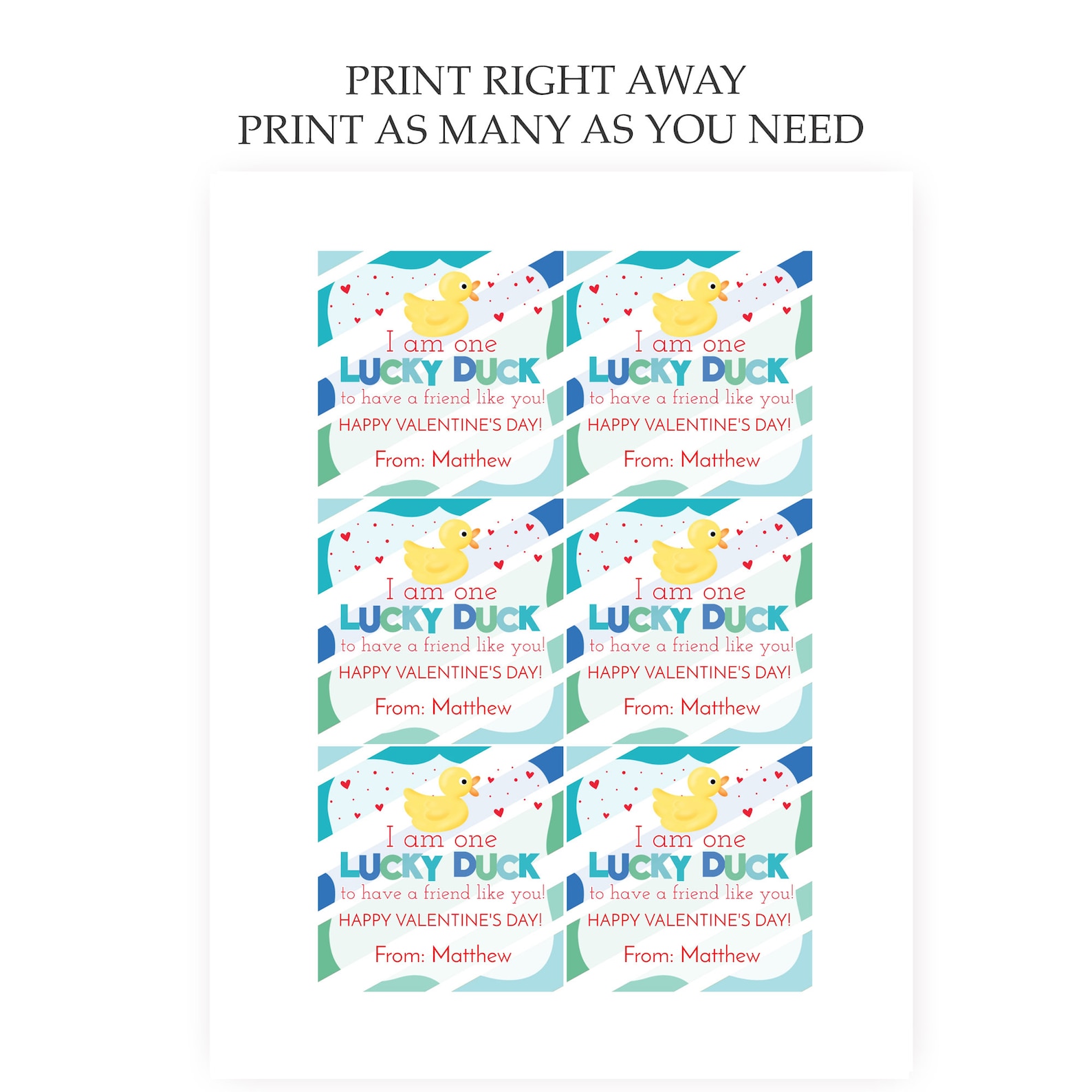 Printable Lucky Duck Valentine's Day Tags, Classroom Exchange Cards for ...