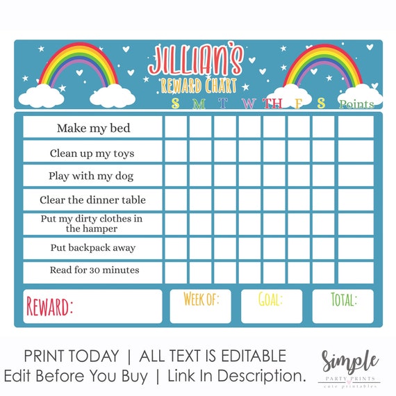 Editable Rainbow Reward Chart, Personalized Colorful Responsibility ...