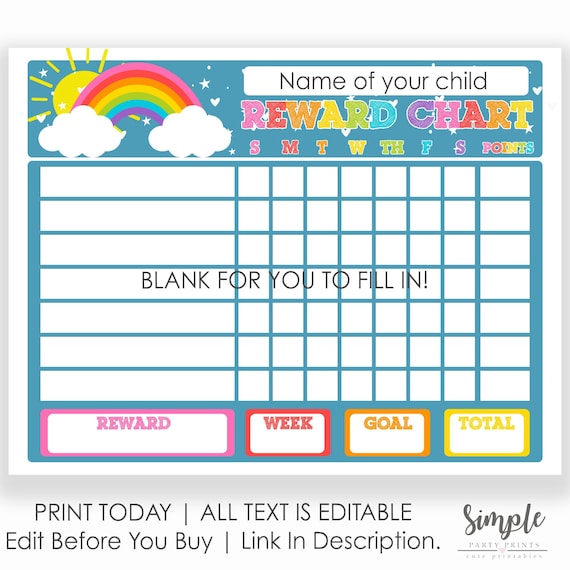 Rainbow Reward Chart Template, Personalized Colorful Responsibility ...