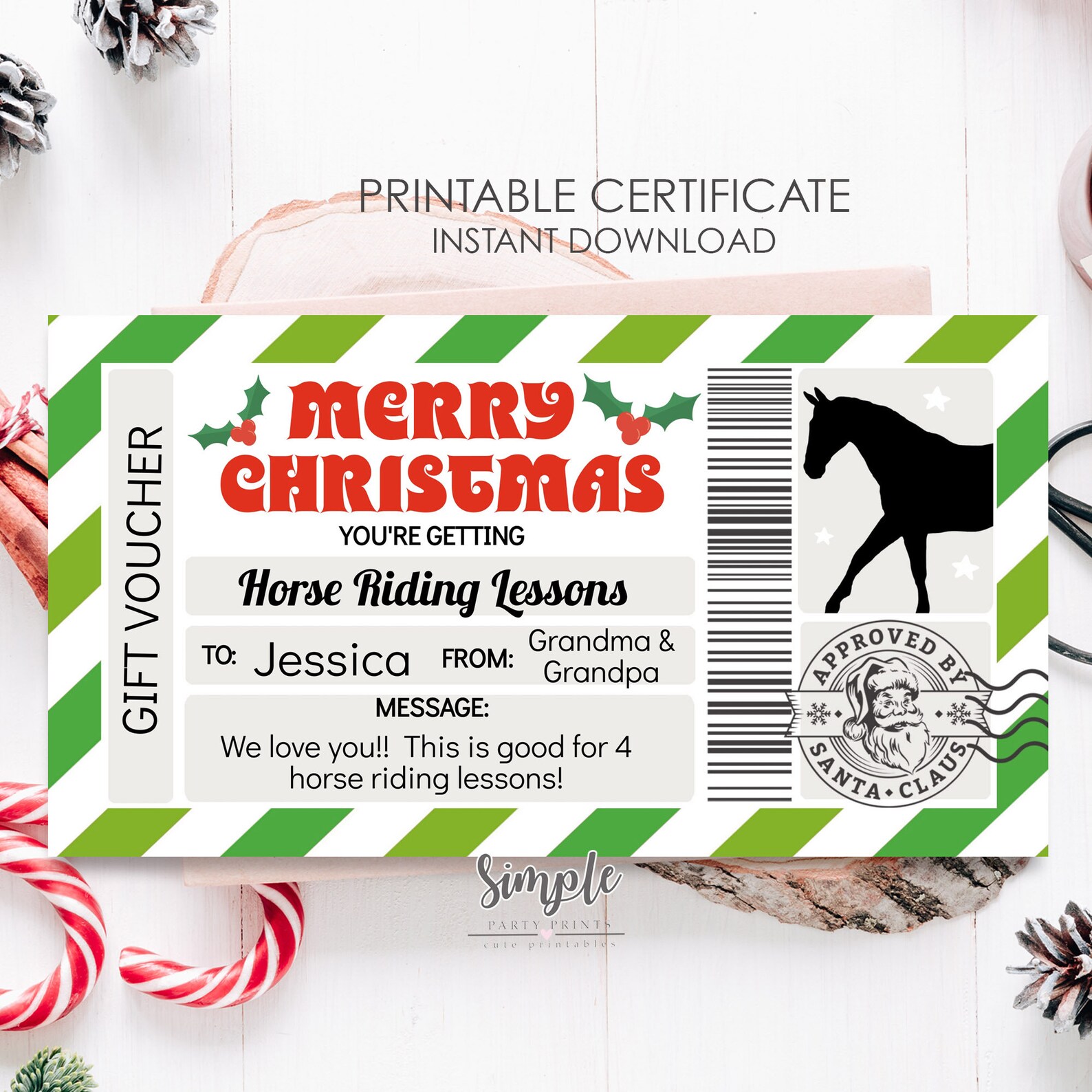 Printable Christmas Voucher for Horseback Riding Lessons - Etsy