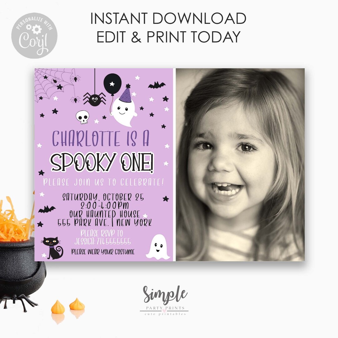Editable Purple Halloween Birthday Invitation With Picture, Kids ...