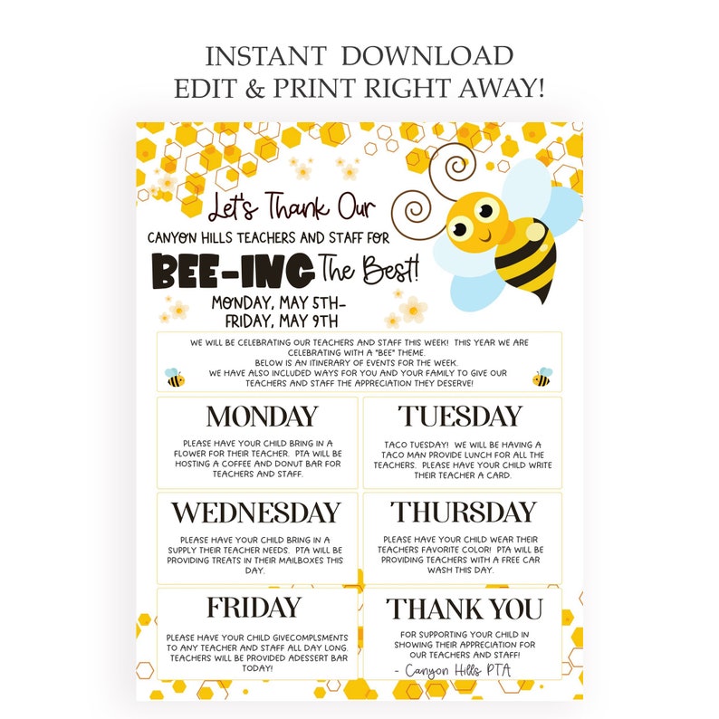 Teacher Appreciation Week Bee Theme Flyer, Printable Bumble Bee Themed ...