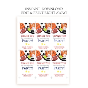 Printable All-star Sports Thank You Tags, Sports Themed Birthday Party ...
