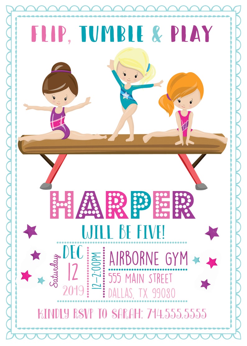 Gymnastics Birthday Invitation Gymnastics Invite Girl Bday Etsy