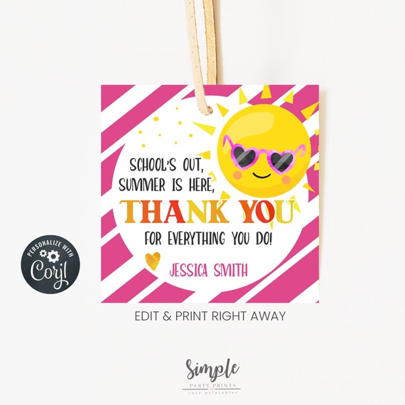 Printable Bright Summer Thank You Tag, End of the School Year Gift ...