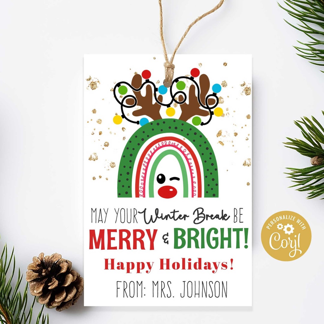Printable Colorful Rudolf Winter Break Gift Tag, School Holiday ...