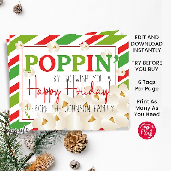 Editable Holiday Popcorn Tag, Holiday Gift Tags, Christmas Popcorn tag ...