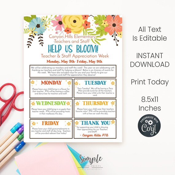 Printable Floral Teacher Appreciation Flyer, TAW Instructions, Thank ...