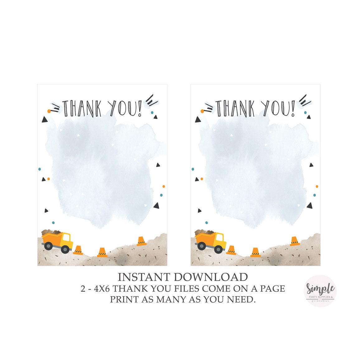 Printable Construction Thank You Cards Boy Birthday Thank You - Etsy