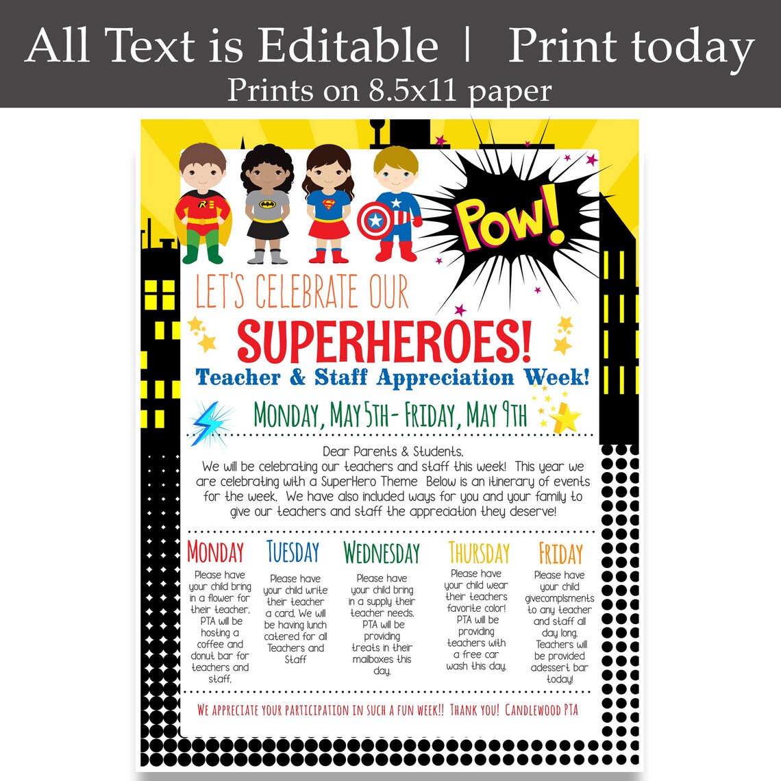 Editable Superhero Flyer Teacher Appreciation Instructions - Etsy