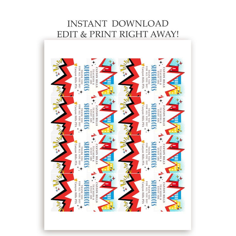 Printable Superhero Thank You Tags, Teacher Appreciation Favor Tag ...