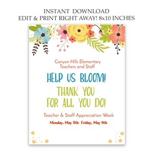 Printable Flower Themed 8x10 Sign, Teacher Appreciation Thank You Sign ...