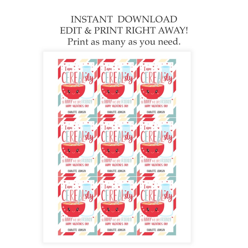 Printable Cereal Valentine's Day Tags, Cereal-sly Happy We Are Friends ...