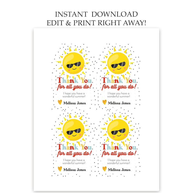 Teacher Appreciation Printable Tag, Printable Thank You for Being Sun ...