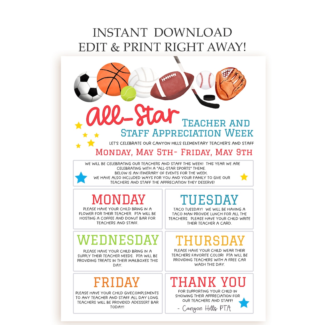 Editable All-star Teacher Appreciation Instructions Template, Printable ...
