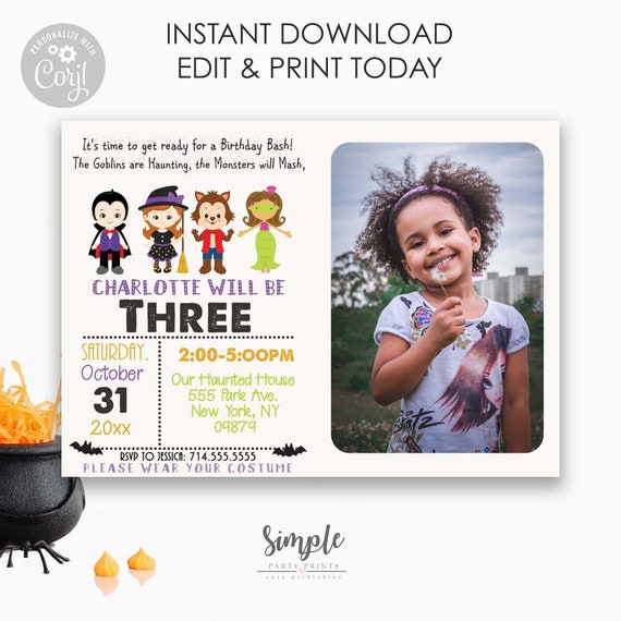 Editable Halloween Birthday Invitation with Picture, Kids Halloween ...