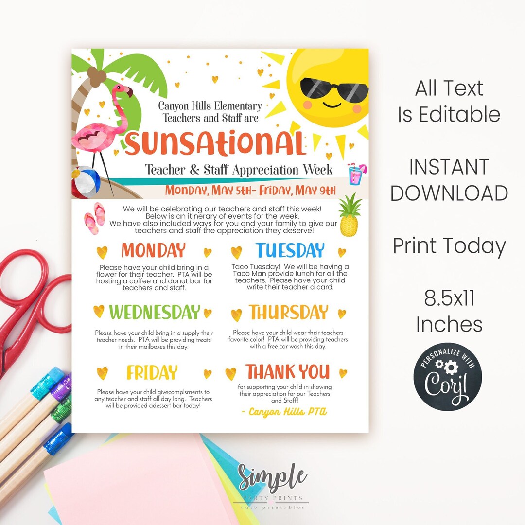 Printable Sunsational Teacher Appreciation Flyer TAW - Etsy