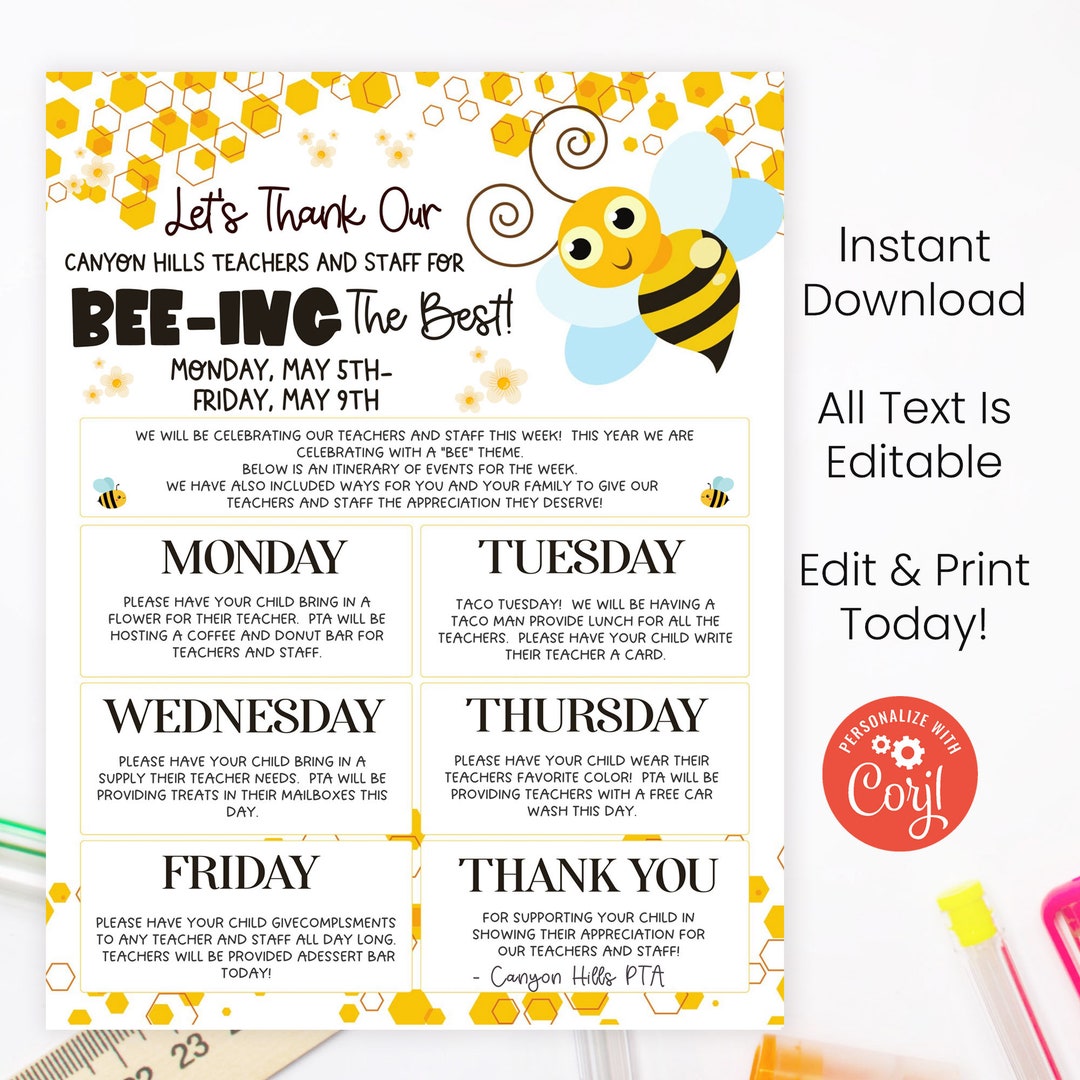 Teacher Appreciation Week Bee Theme Flyer, Printable Bumble Bee Themed ...