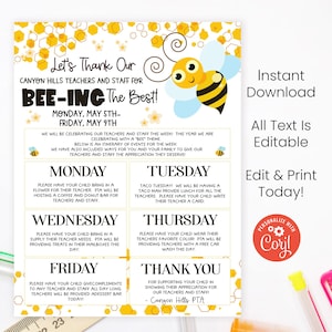 Teacher Appreciation Week Bee Theme Flyer, Printable Bumble Bee Themed ...