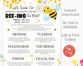 Bee Theme Teacher and Staff Appreciation Week Flyer Editable Printable ...
