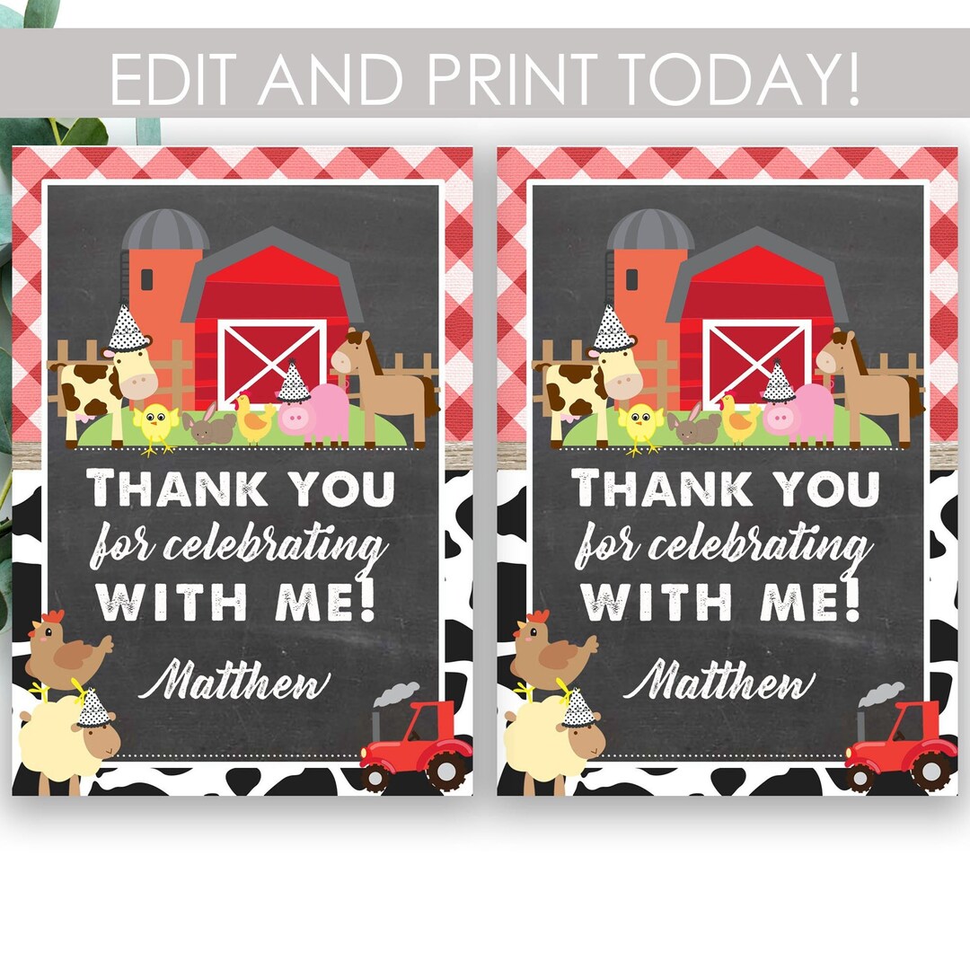 Editable Barnyard Birthday Bash Favor Tag Gift Tags Petting Zoo Thank ...