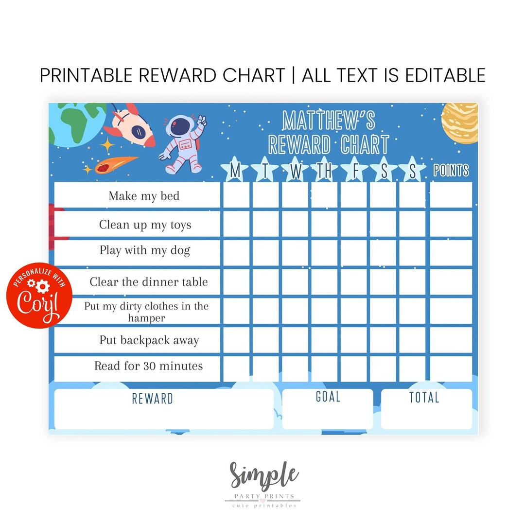 Kids Reward Chart - Printable Chore Charts for Children - Editable ...