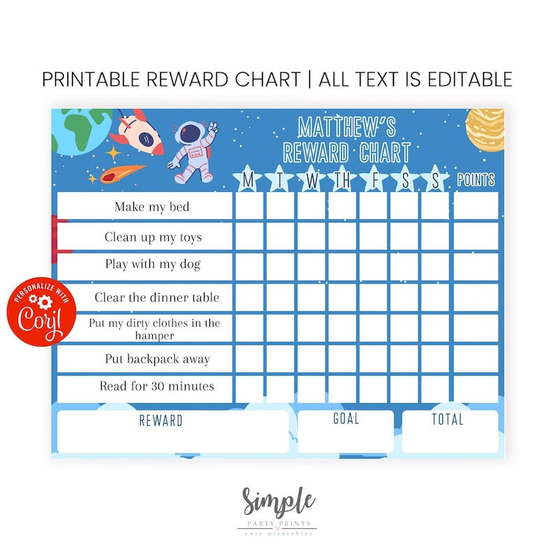 Kids Reward Chart - Printable Chore Charts for Children - Editable ...