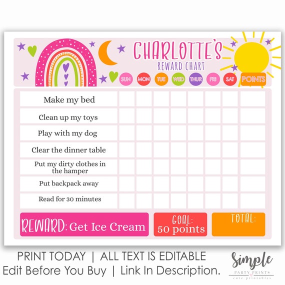 Editable Bright Rainbow Reward Chart, Personalized Responsibility Chore ...