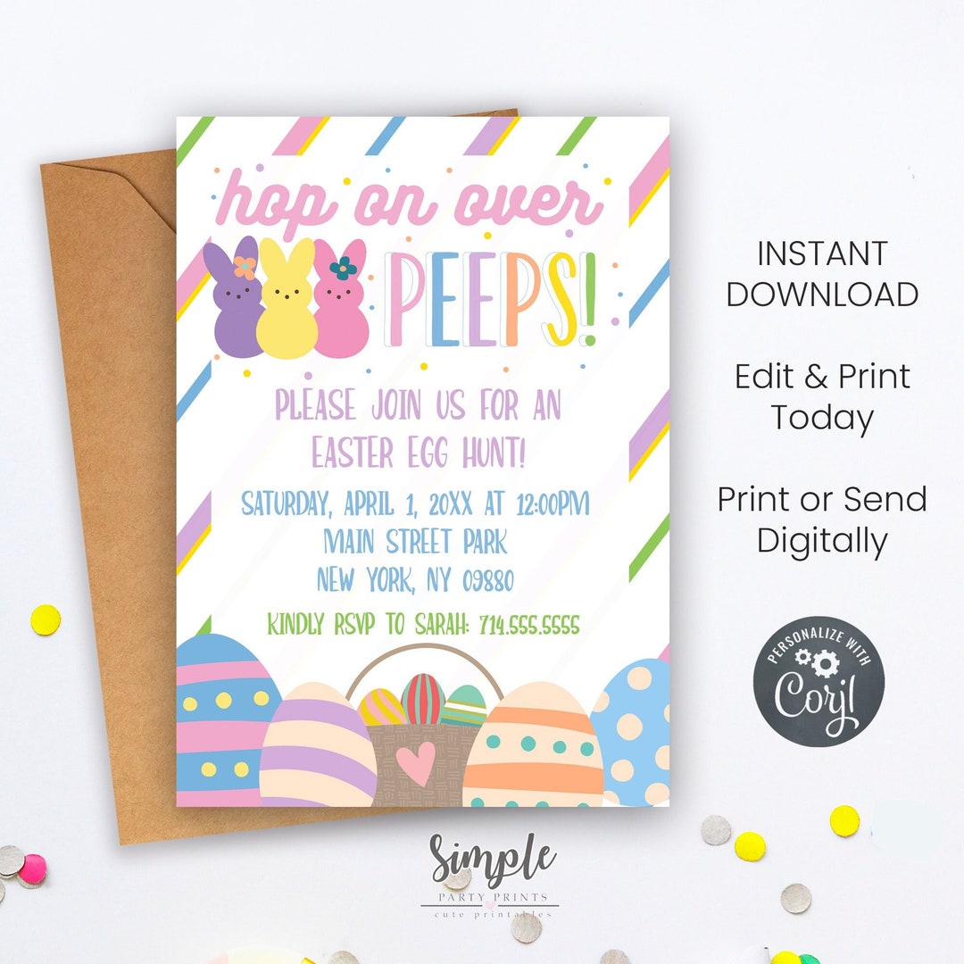Editable Easter Egg Hunt Invite, Peeps Party, Egg Coloring Party ...