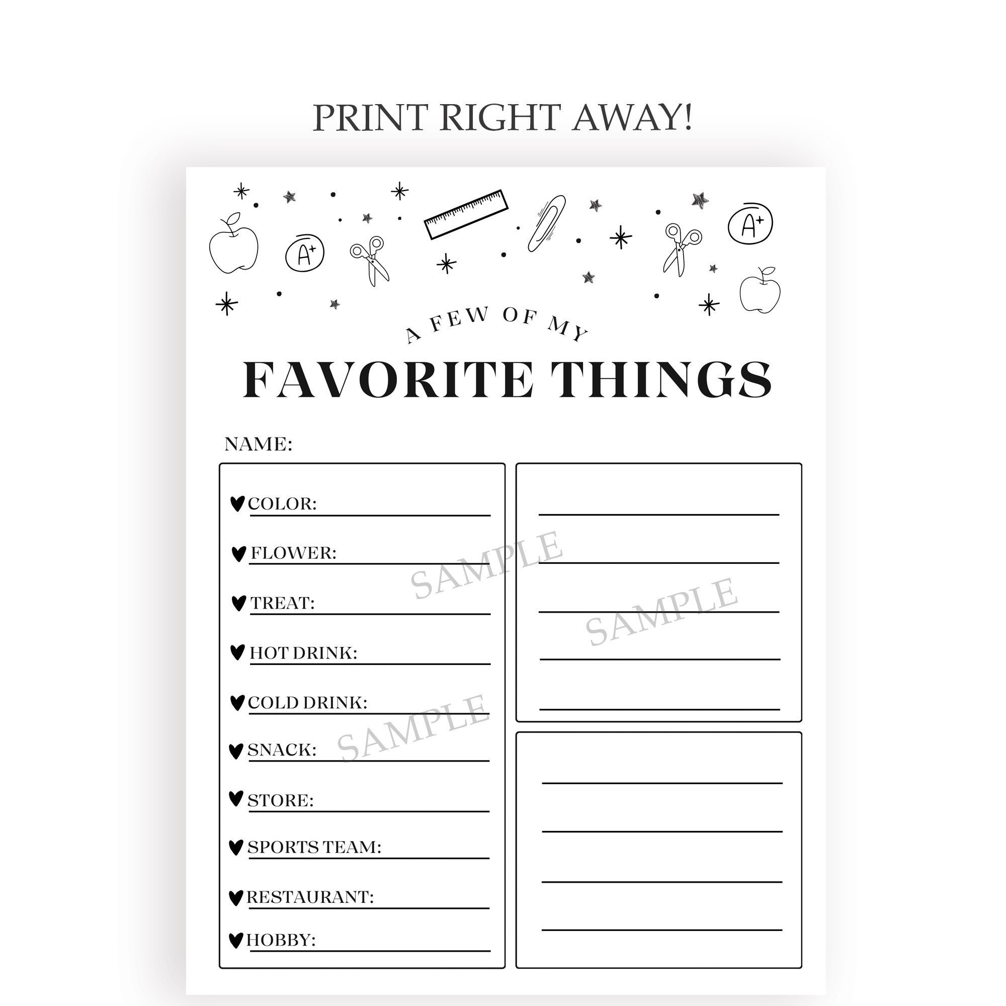 Printable Teachers Favorites Template | School Appreciation Supplies ...
