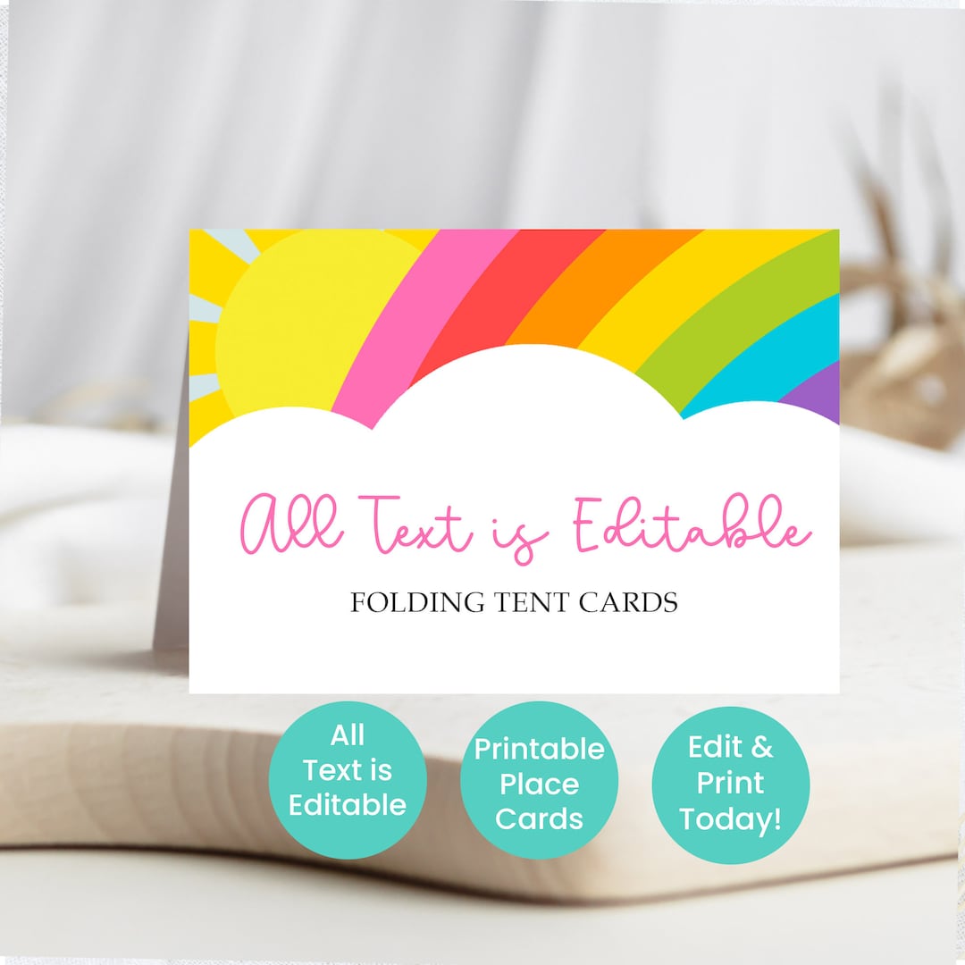 Editable Rainbow Food Tent Place Cards, Personalized Bright Rainbow ...