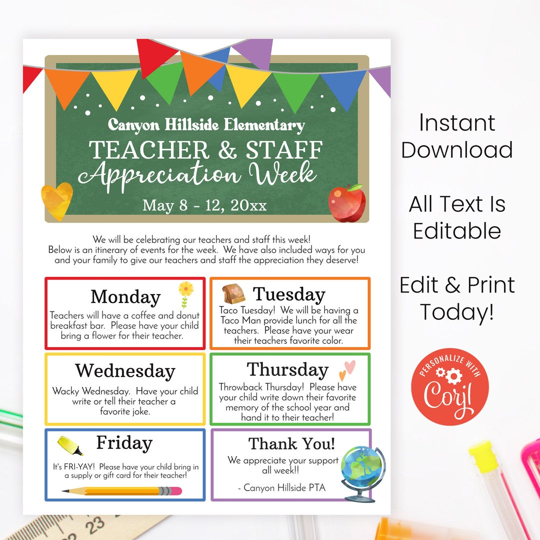 Printable Teacher Appreciation Instructions Flyer, Printable School ...