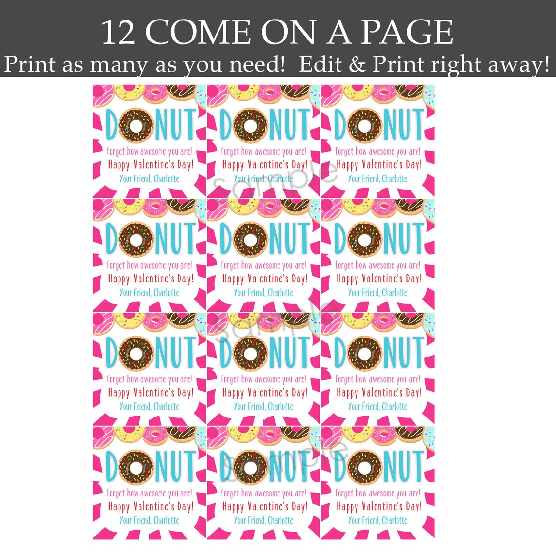 Donut Valentines Day Kids Cards Valentine's Day Tags | Etsy