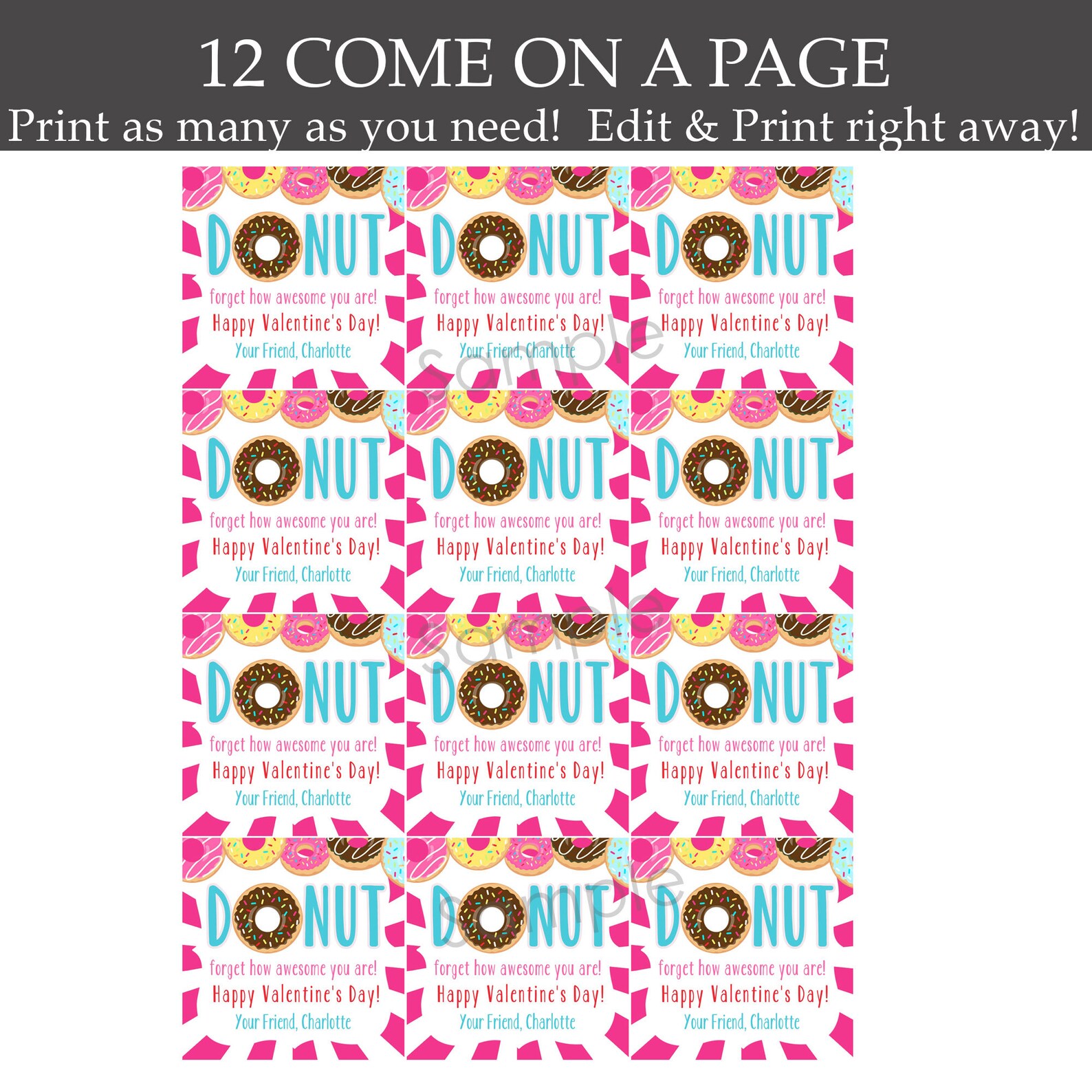 Donut Valentines Day Kids Cards Valentine's Day Tags | Etsy