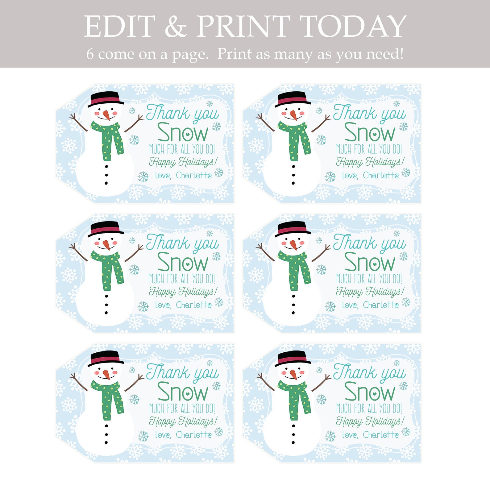 Snowman Printable Gift Tags Thank You Snow Much Tags - Etsy
