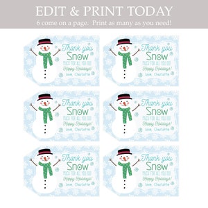 Snowman Printable Gift Tags, Thank You Snow Much Tags, Christmas ...