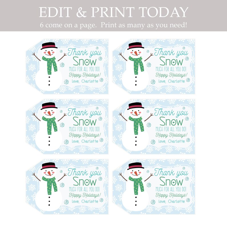 Snowman Printable Gift Tags Thank You Snow Much Tags - Etsy