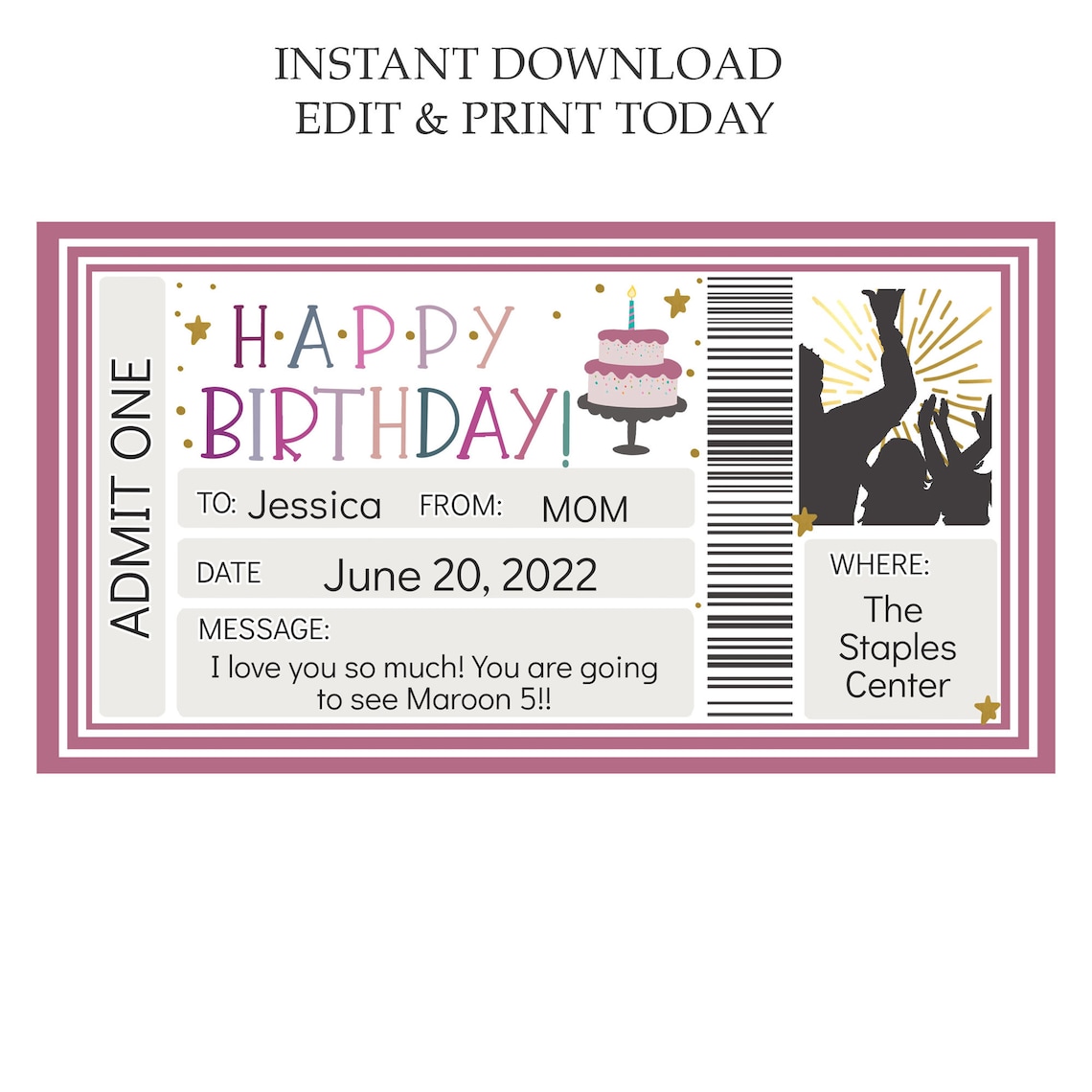 Printable Happy Birthday Concert Ticket Template Show - Etsy