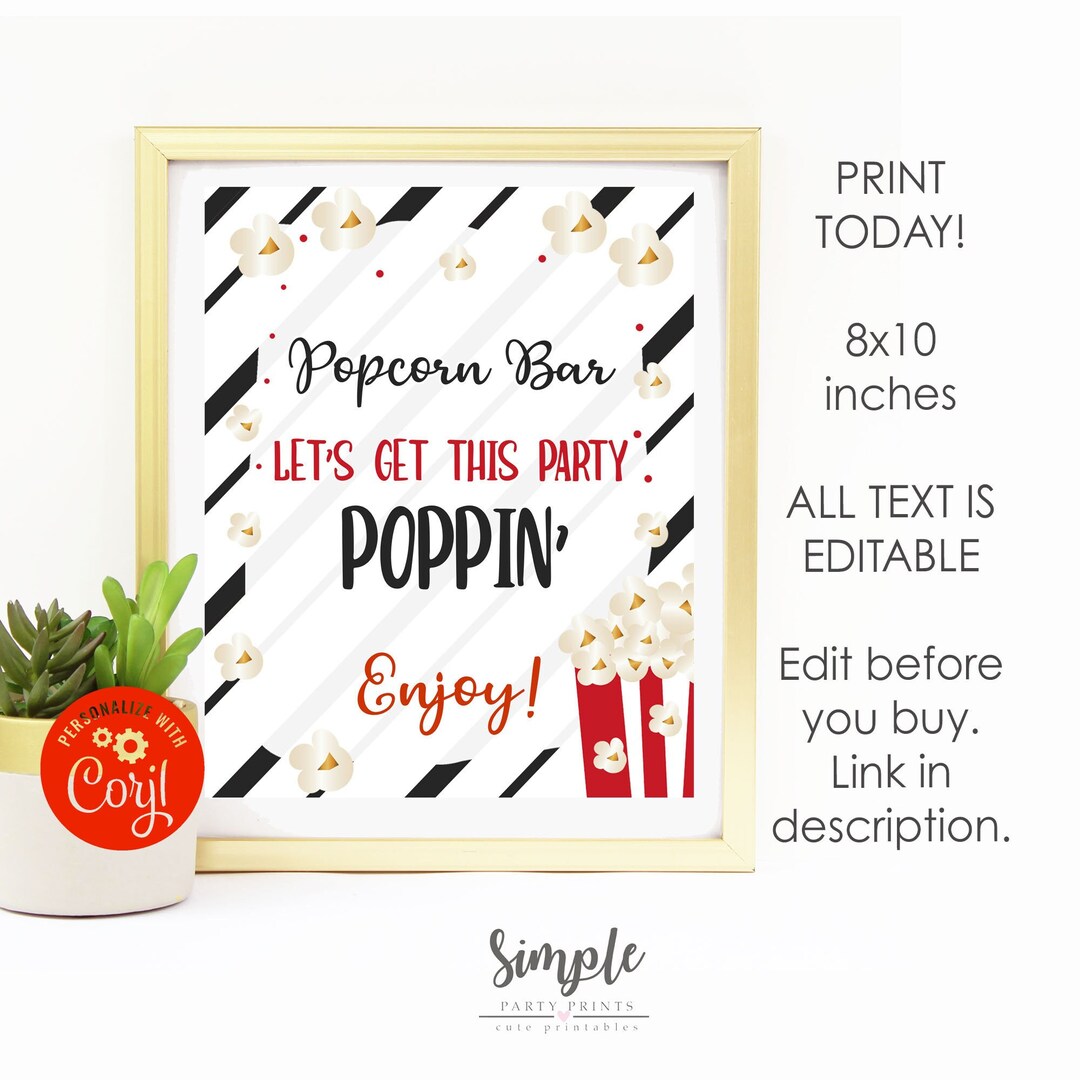 Printable Popcorn Bar Sign, Popcorn 8x10 Table Sign for Movie Night ...