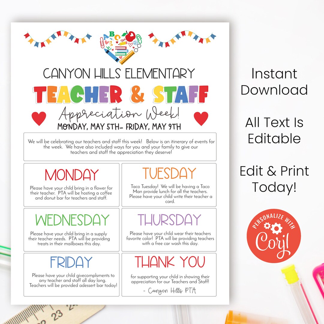 Printable Teacher Appreciation Week Instructions Flyer, Simple TAW ...